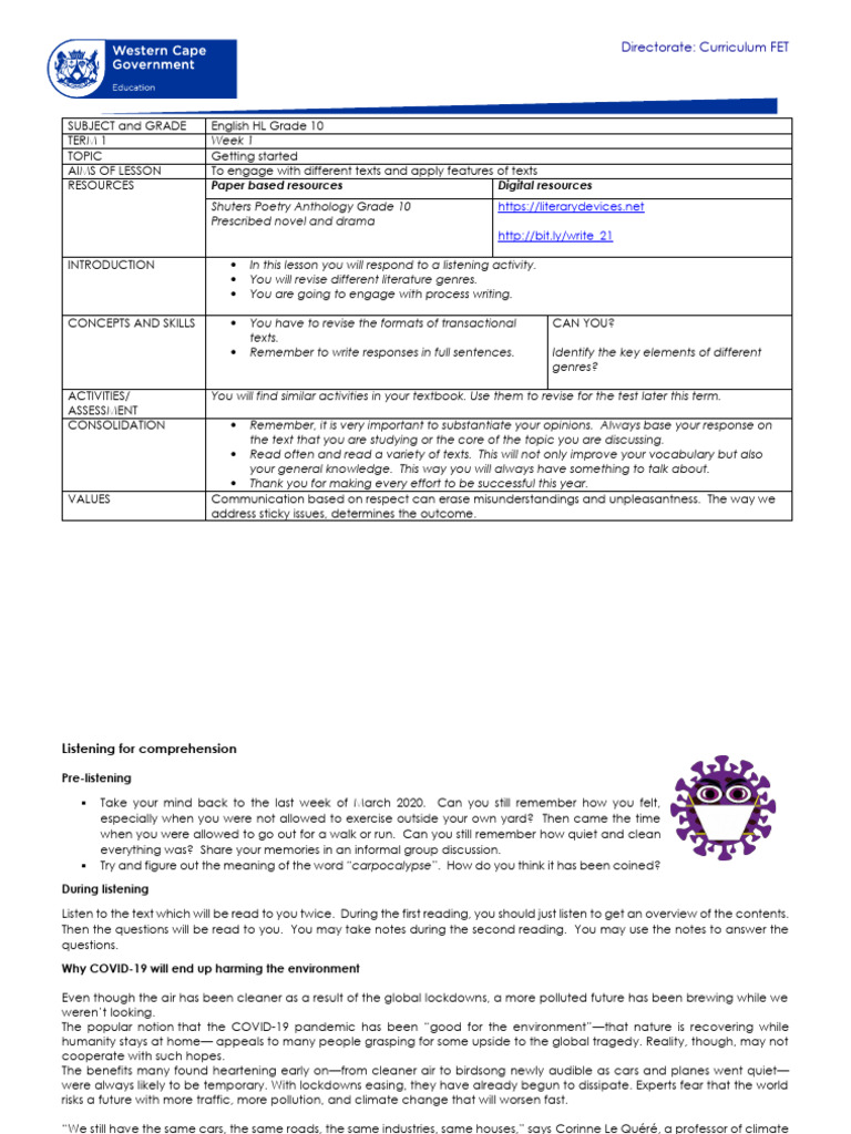 English HL Grade 10 Term 1 Overview | PDF | Poetry