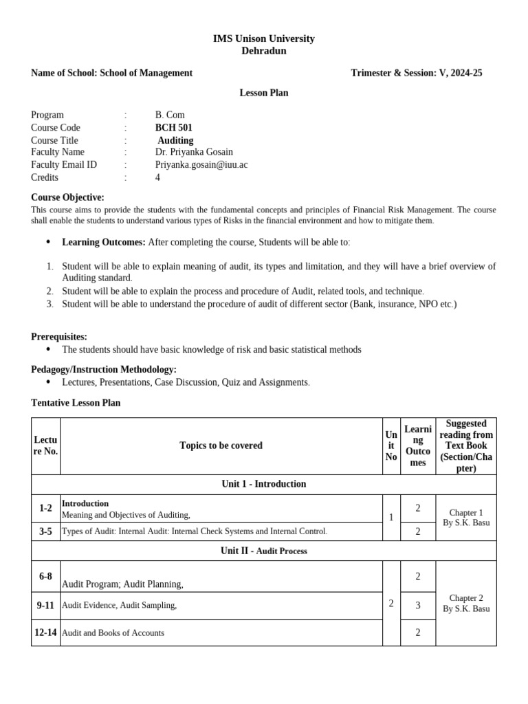 BCH 501 Lesson Plan Auditing B.com (H) | PDF | Audit | Lesson Plan