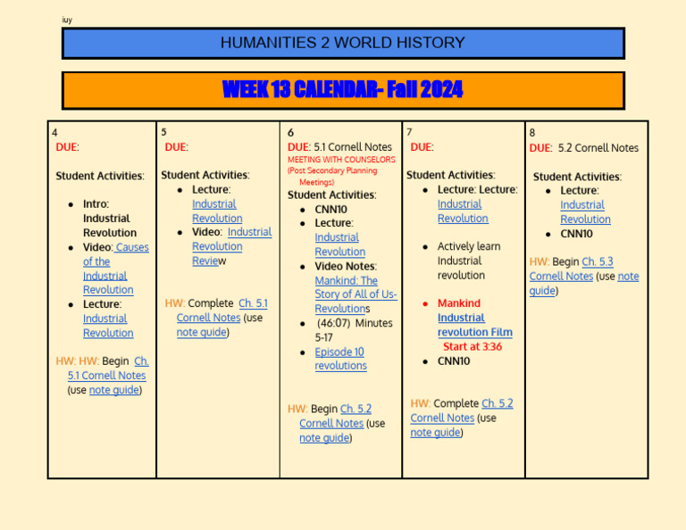 Week 13 Calendar Fall 2024 - Hutch | PDF