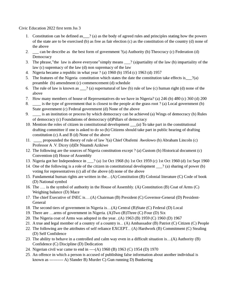 JSS3 Civic Education First Term Exam Guide | PDF | Rule Of Law | Government