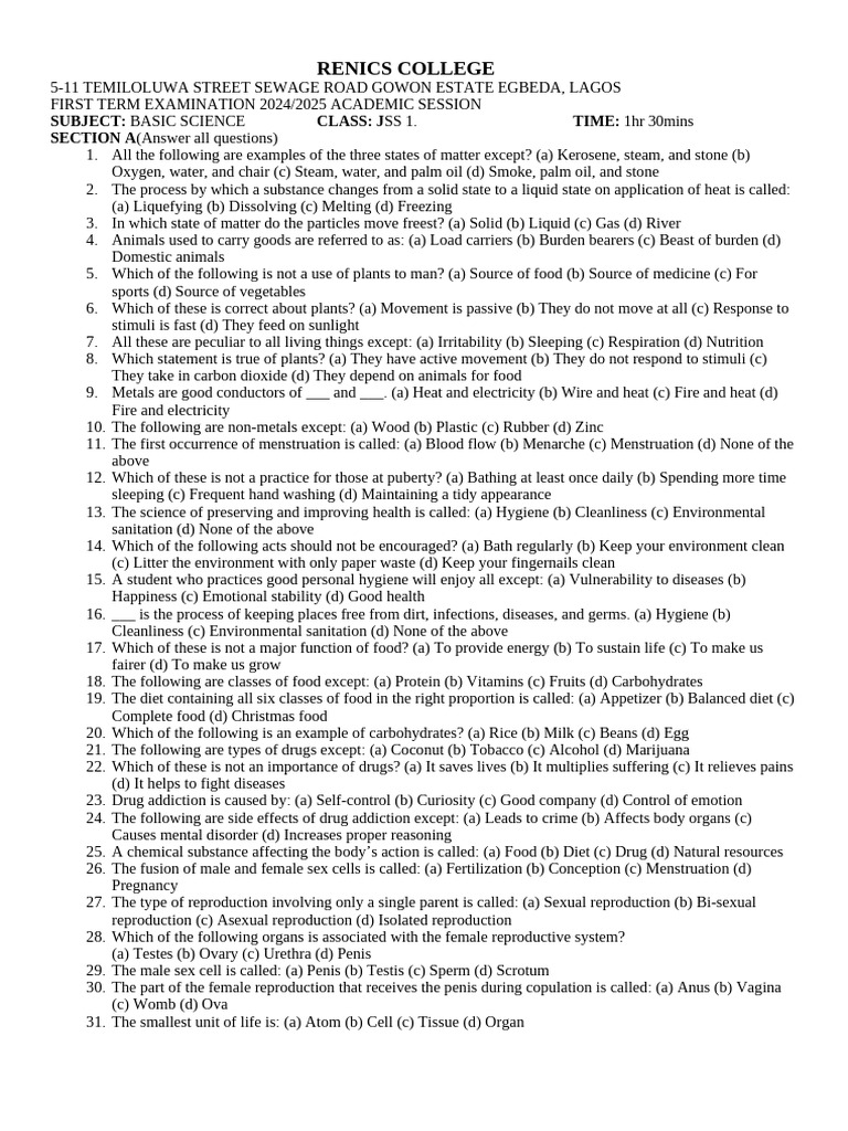 First Term Basic Science Exam Questions (Jss1 and Jss3) | PDF | Earth | Water
