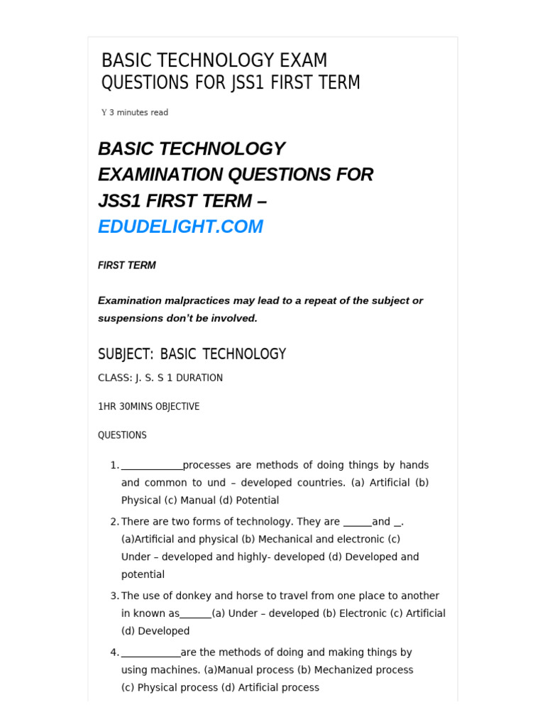 Basic Technology Exam Questions For Jss1 First Term | PDF | Wood | Hardwood