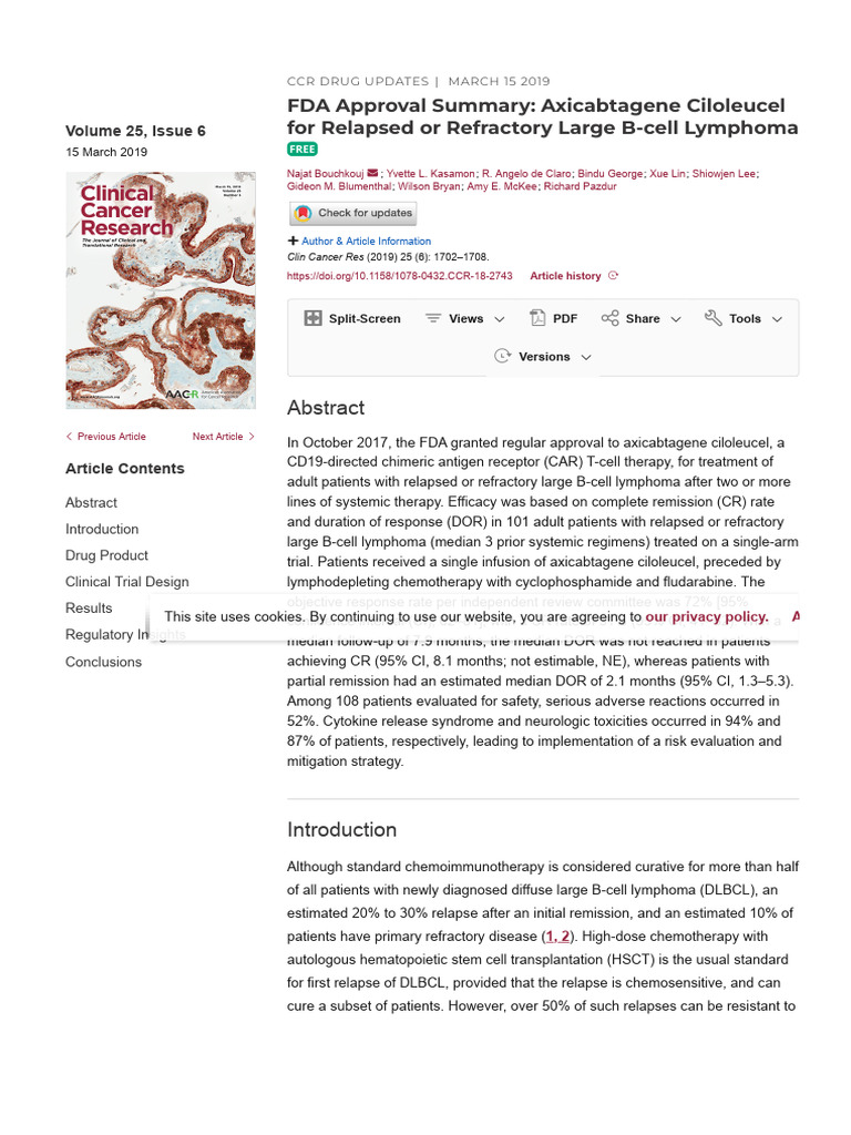 FDA Approval Summary: Axicabtagene Ciloleucel For Relapsed or ...