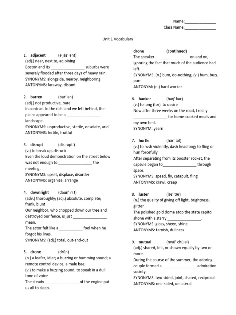 Unit 1 Vocabulary 2020 | PDF