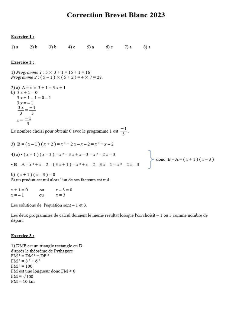 Correction Brevet Blanc Maths 2023 | PDF | Mathématiques | Géométrie ...