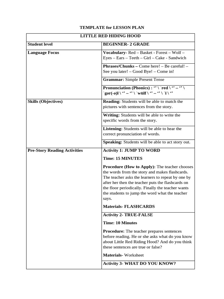 Lesson Plan - Little Red Riding Hood | PDF | Cognitive Science | Cognition