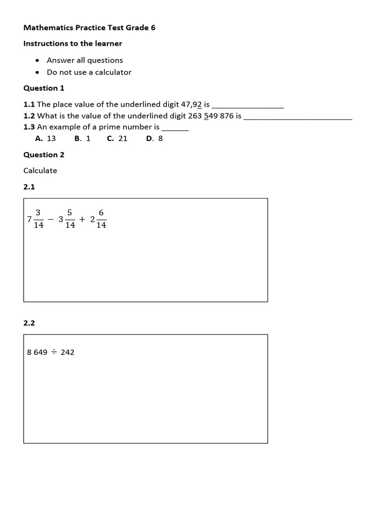 Mathematics Practice Test Grade 6 | PDF | Teaching Methods & Materials