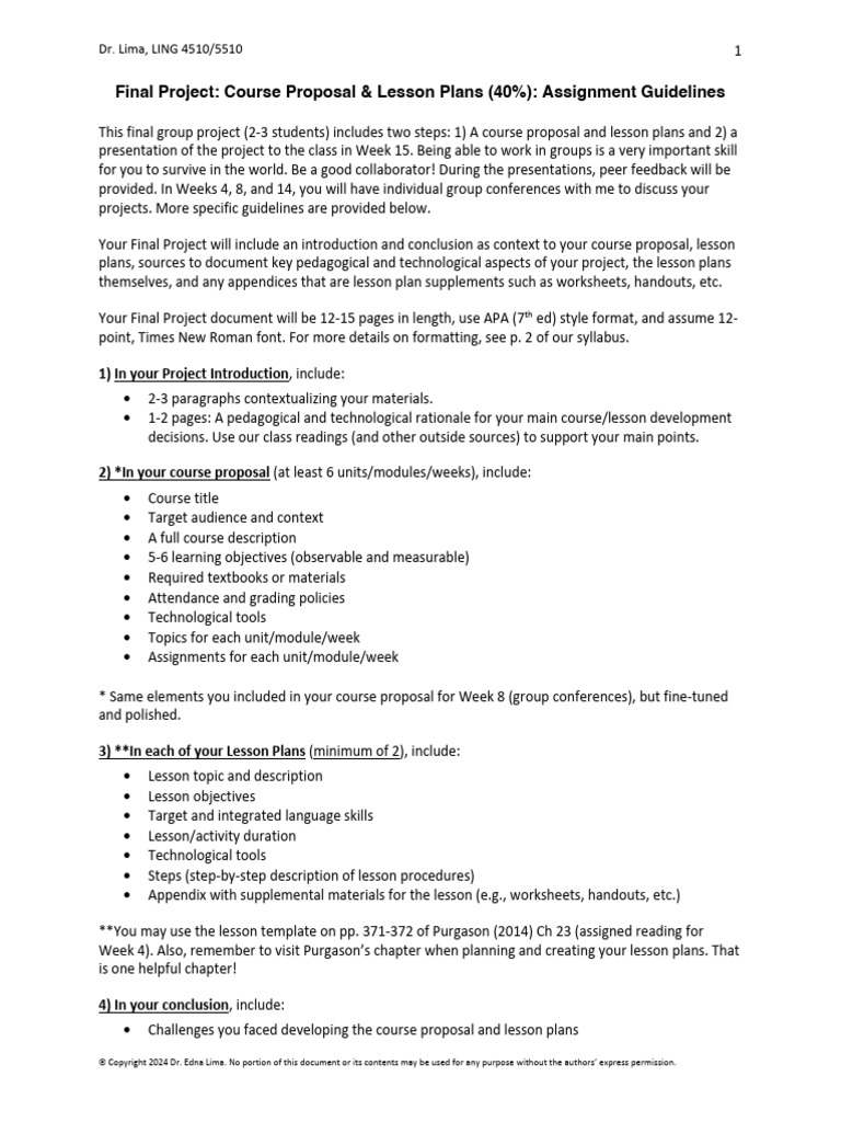 TELT I - Final Project Guidelines - Lima | PDF | Lesson Plan | Pedagogy