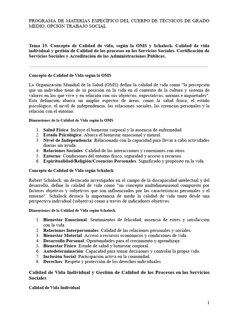 Tema 15. Concepto de Calidad de Vida, Según La OMS y Schalock | PDF ...