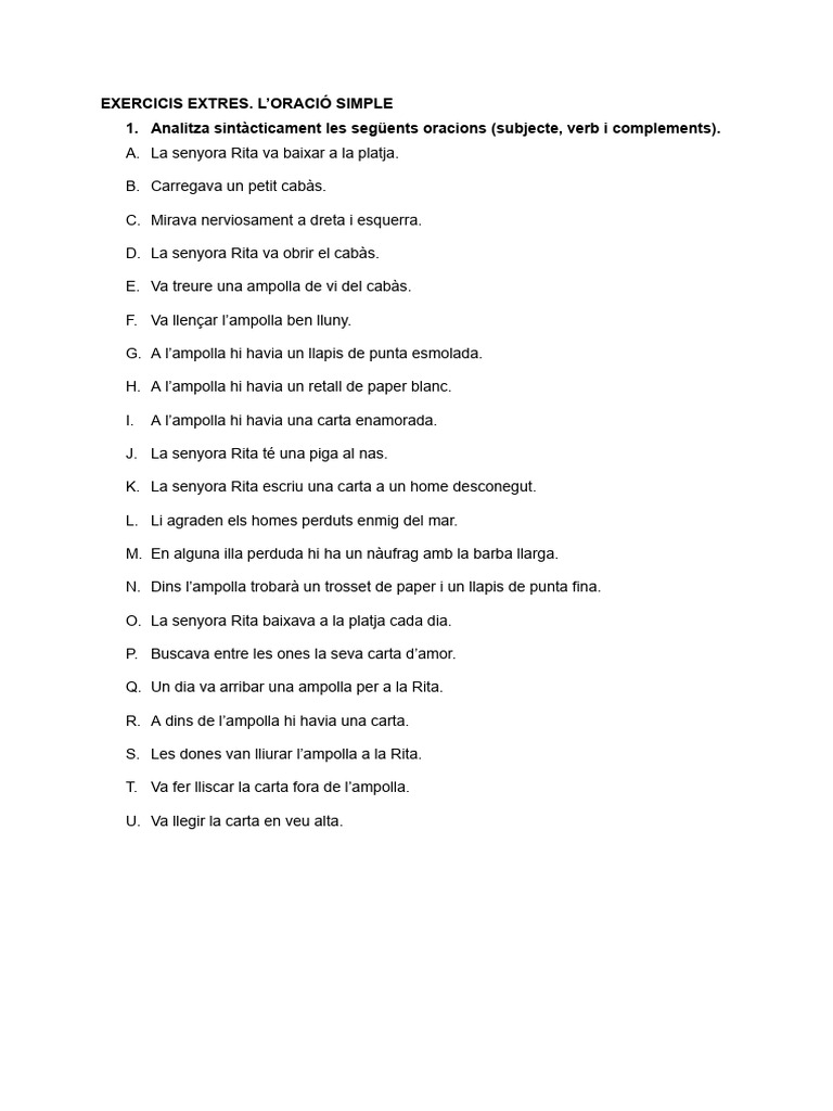 OraciÃ Simple Exercicis Extres | PDF