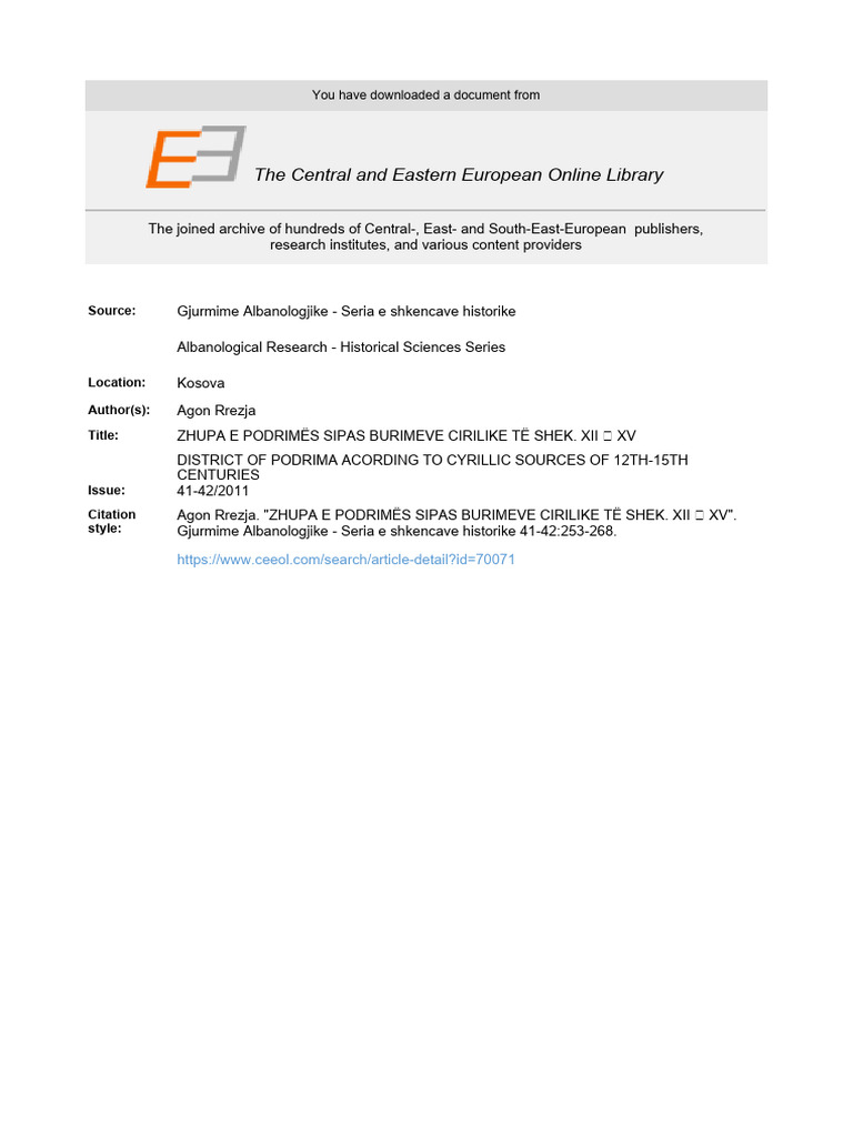 District of Podrima Acording To Cyrillic Sources of 12th 15th Centuries ...