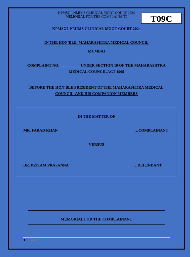 t09 Complainant Memorial | PDF | Informed Consent | Confidentiality
