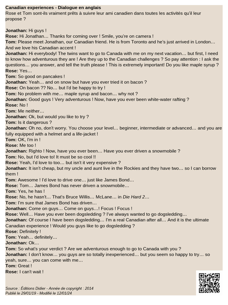 Script Canadian Experiences - Dialogue - Present Perfect | PDF | Home ...