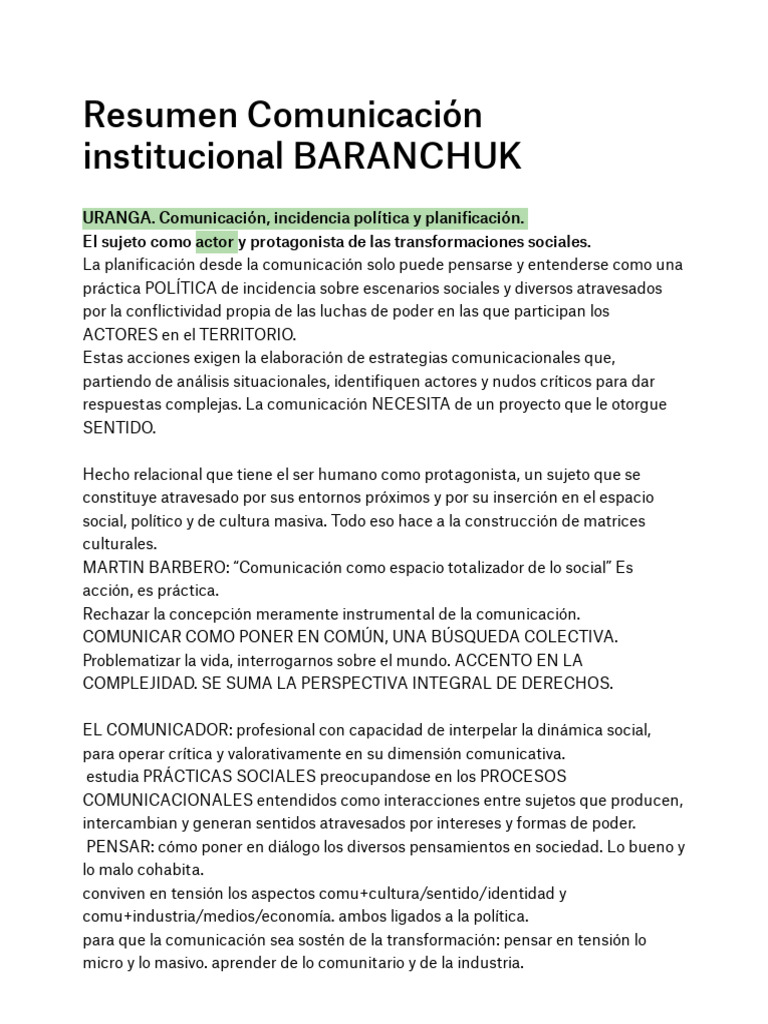 Resumen Comunicación Institucional BARANCHUK | PDF | Comunicación | Institución
