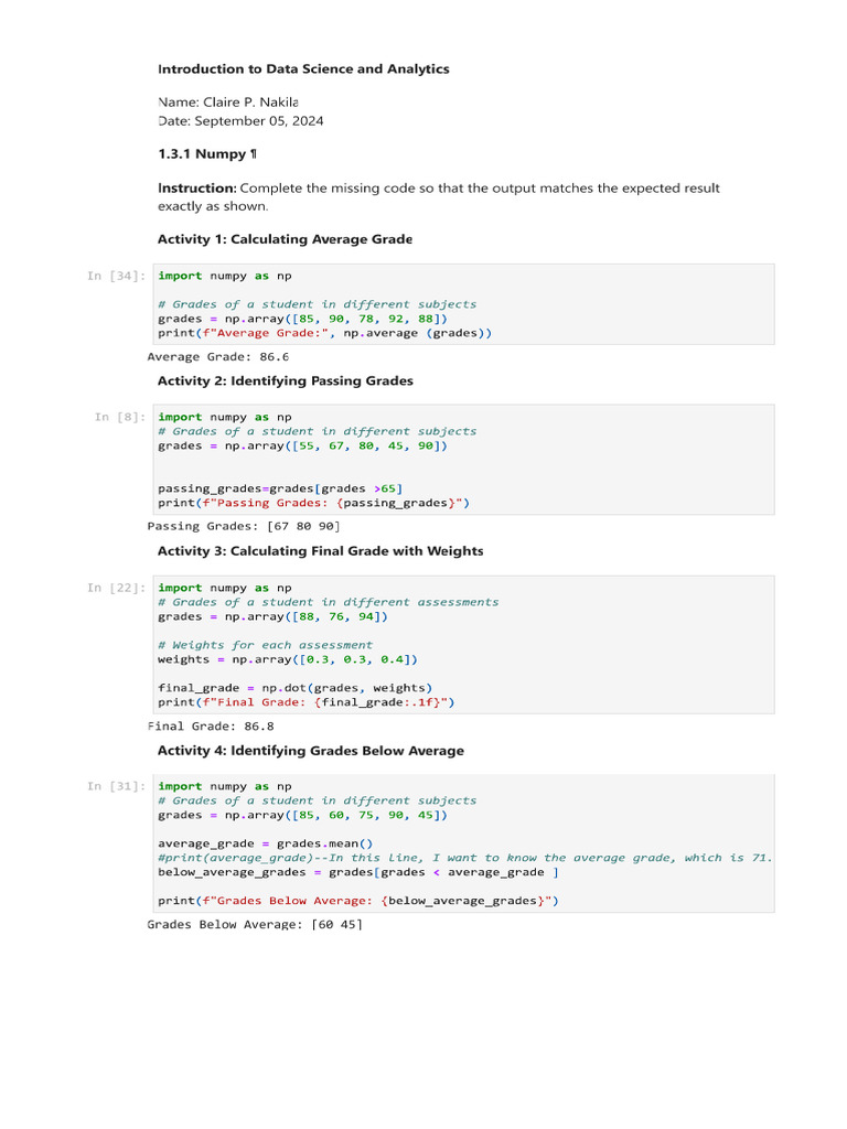 Nakila Numpy Activity | PDF