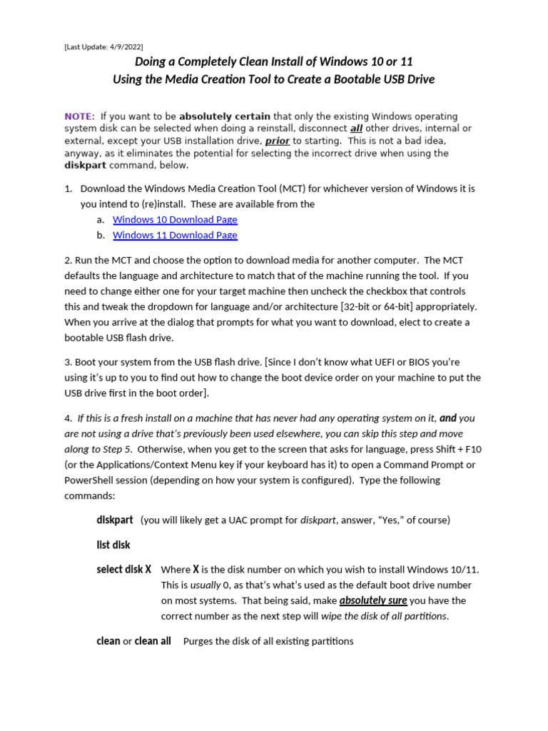 Completely Clean Install of Windows 10 - MCT USB Method | PDF | Booting ...