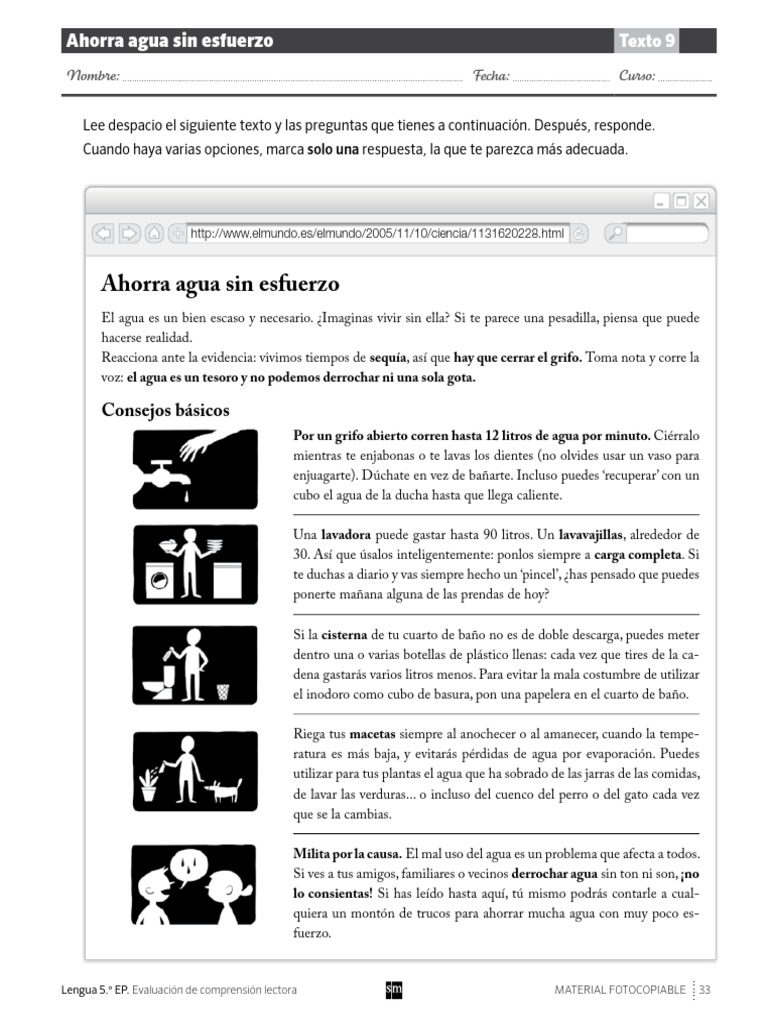 Evaluación de Comprensión Lectora 5.º EP | PDF | Agua