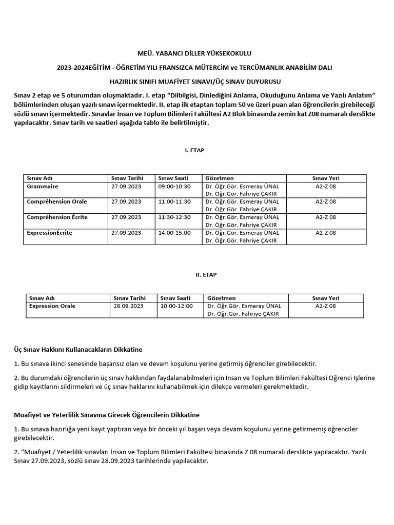 2023-2024 Franszca Hazrlk SNF Muafiyet Snavlar Duyurusu - Guncel | PDF