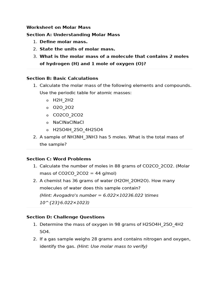 Worksheet On Molar Mass | PDF | Mole (Unit) | Physical Sciences