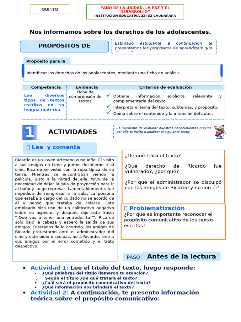 5° - Ficha - de - Aplicación-Sesión 1°-Sem.1-Exp.8-Com | PDF | Derechos de los niños | Justicia