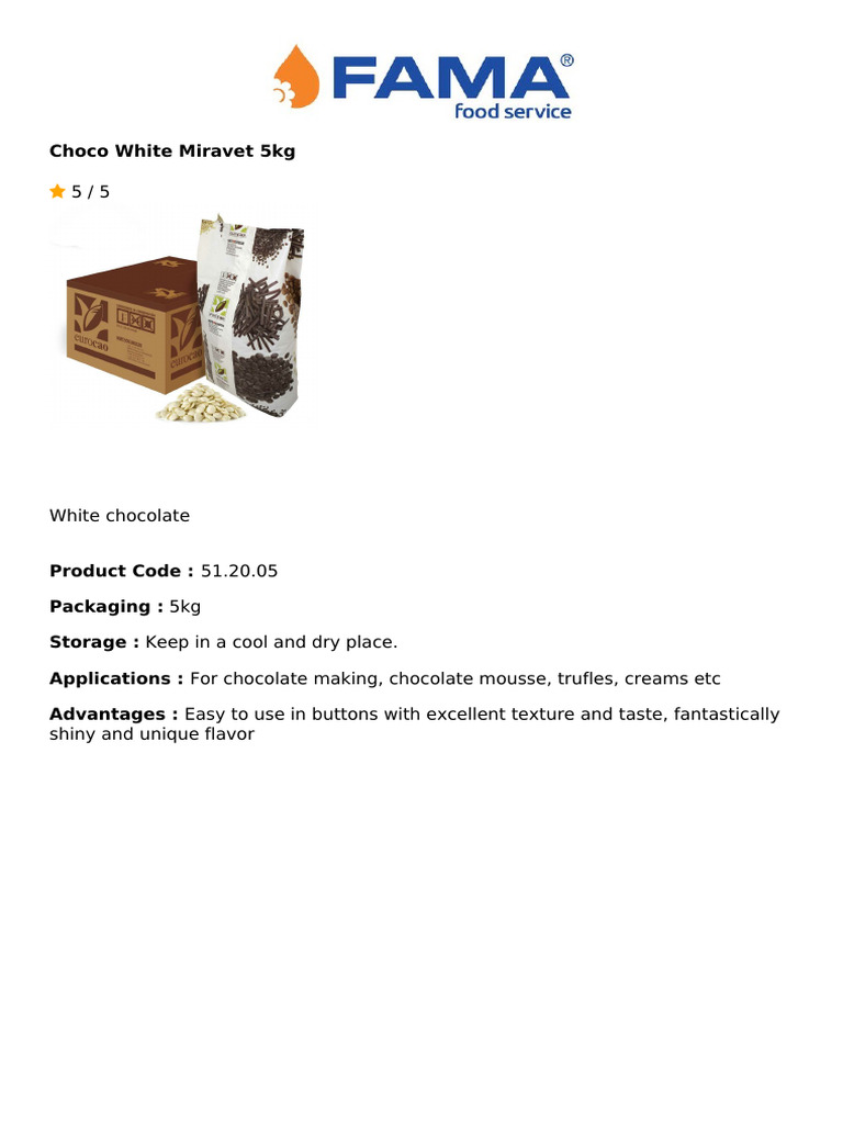 Choco White Miravet 5kg | PDF | Cooking, Food & Wine