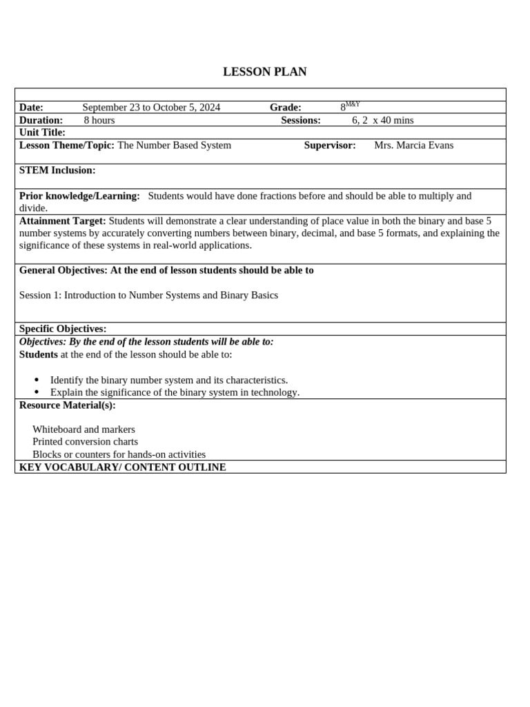 Grade 8 Lesson Plan Number Base System | PDF | Human Communication ...