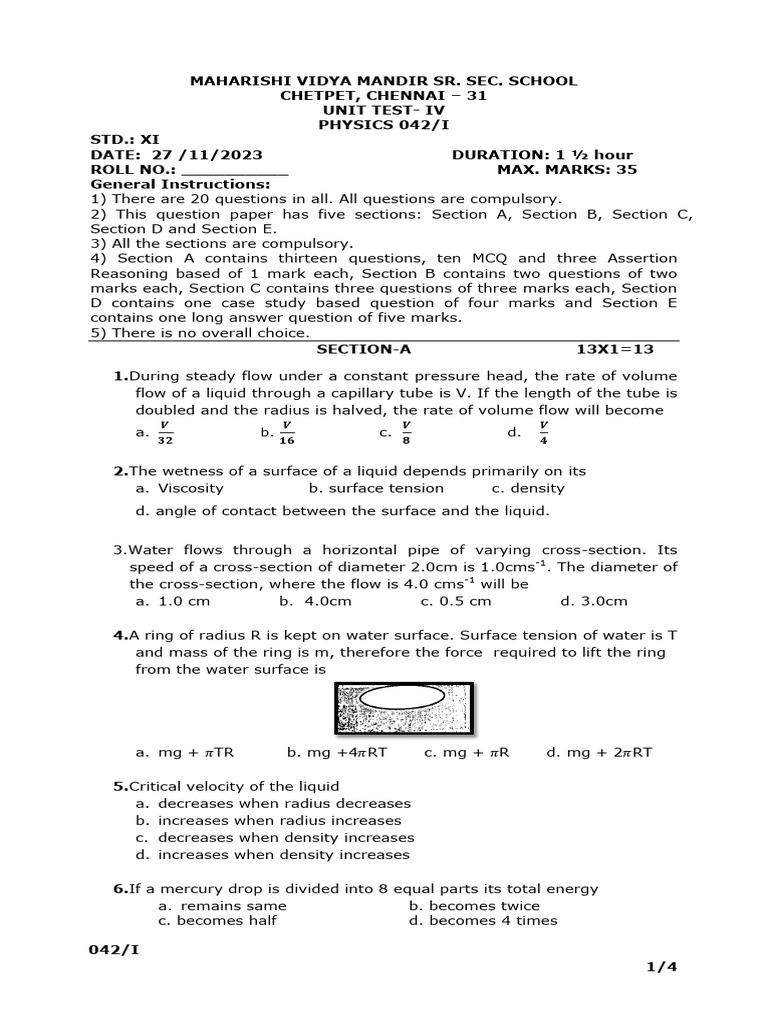 STD Xi 23-24 Ut - 4 Physics Code-1-New | PDF | Surface Tension | Liquids