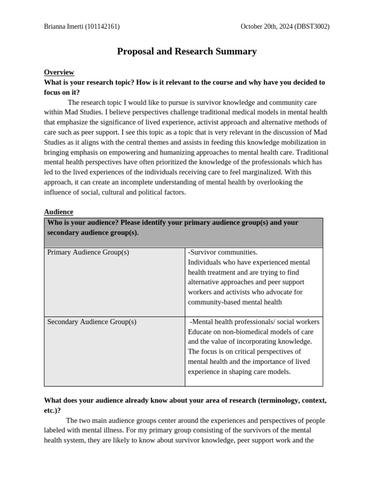 Proposal and Research Summary | PDF | Mental Health | Psychiatry