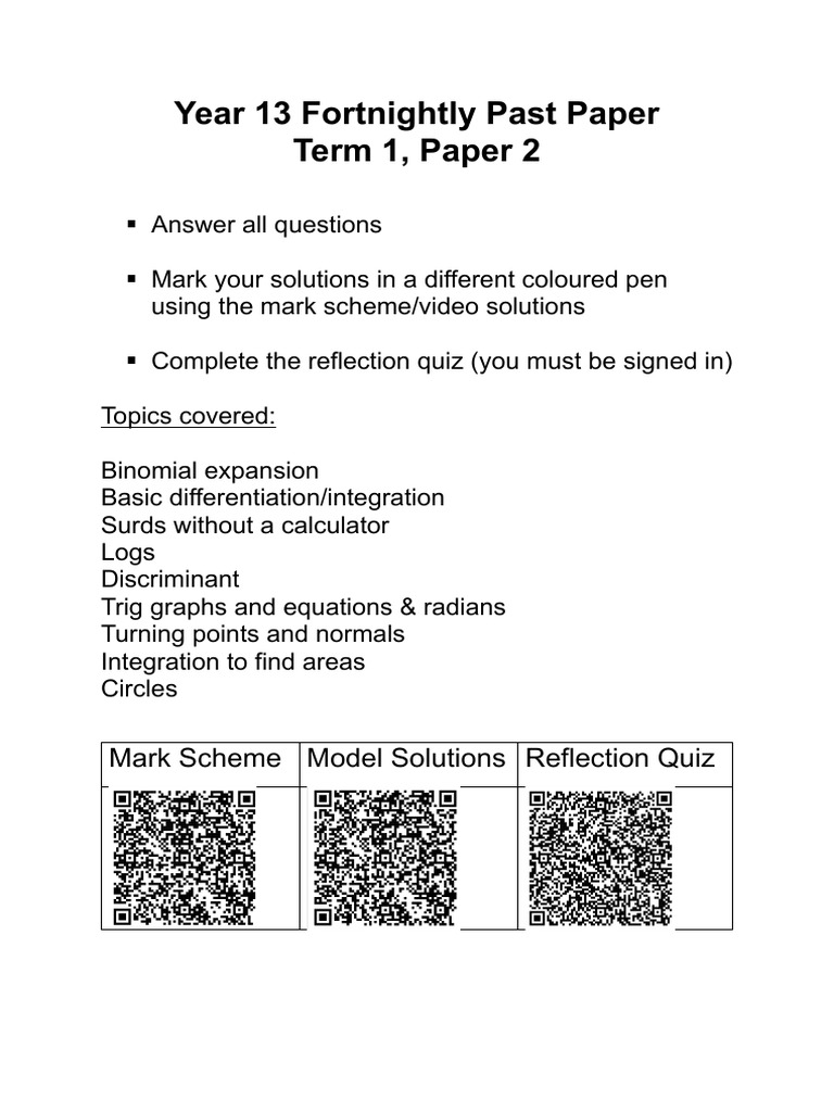 Year 13 Term 1 Math Past Paper | PDF | Equations | Curve