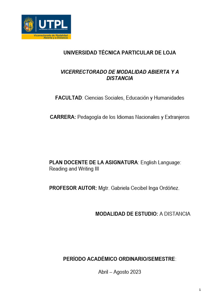 Plan Docente Reading and Writing 1 Utpl | PDF | Linguistics | Human ...