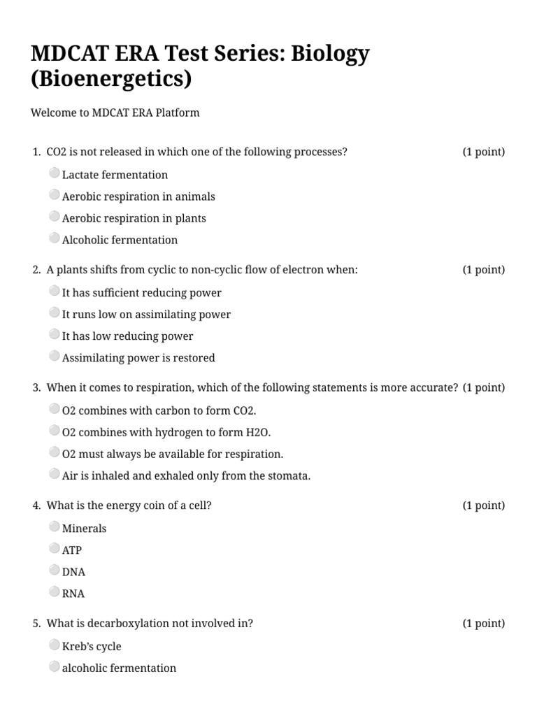 MDCAT ERA Test Series - Biology (Bioenergetics) | PDF | Electron ...