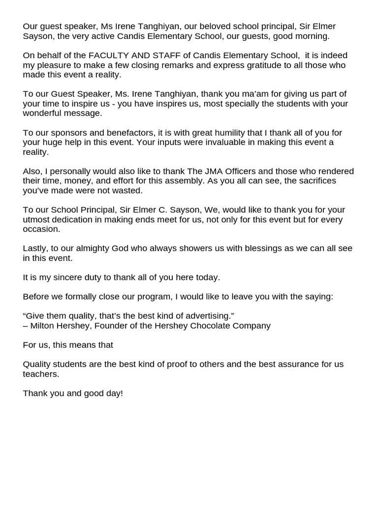 Closing Remarks | PDF | Cooking, Food & Wine