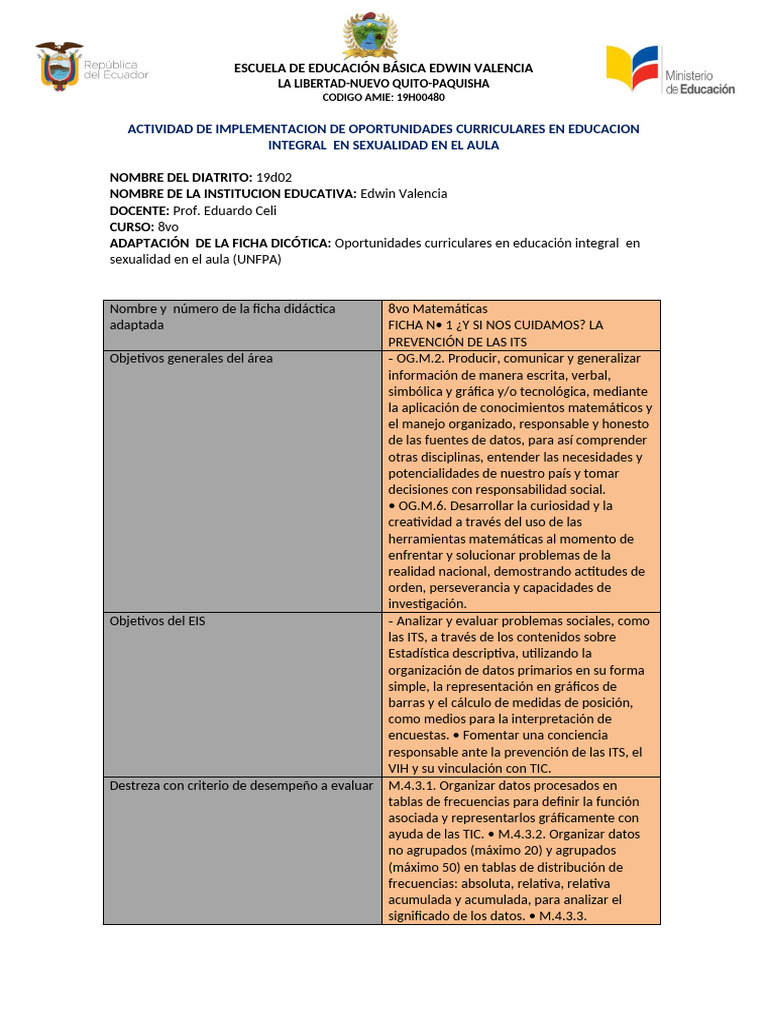 8vo Planificacion de Sexualidad Matematicas | PDF | Matemáticas | Educación primaria