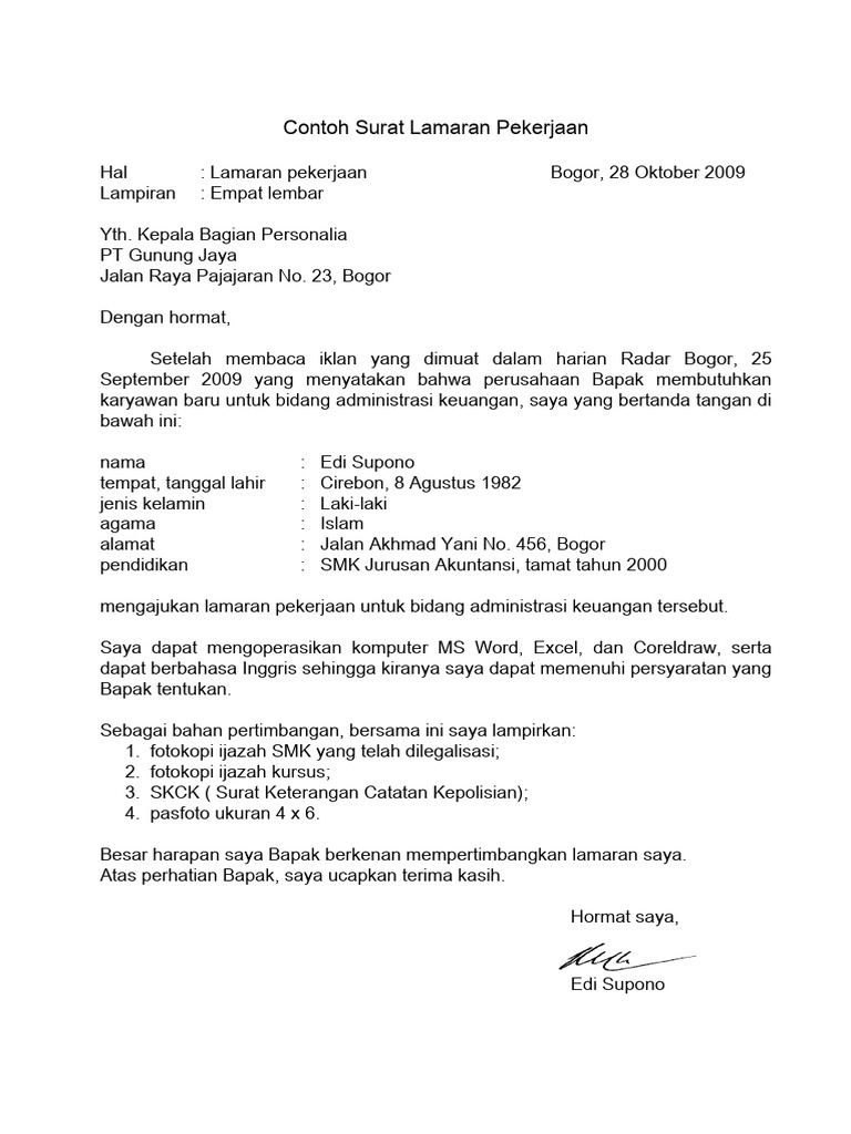 Contoh Surat Lamaran Pekerjaan Formal | PDF | Bisnis