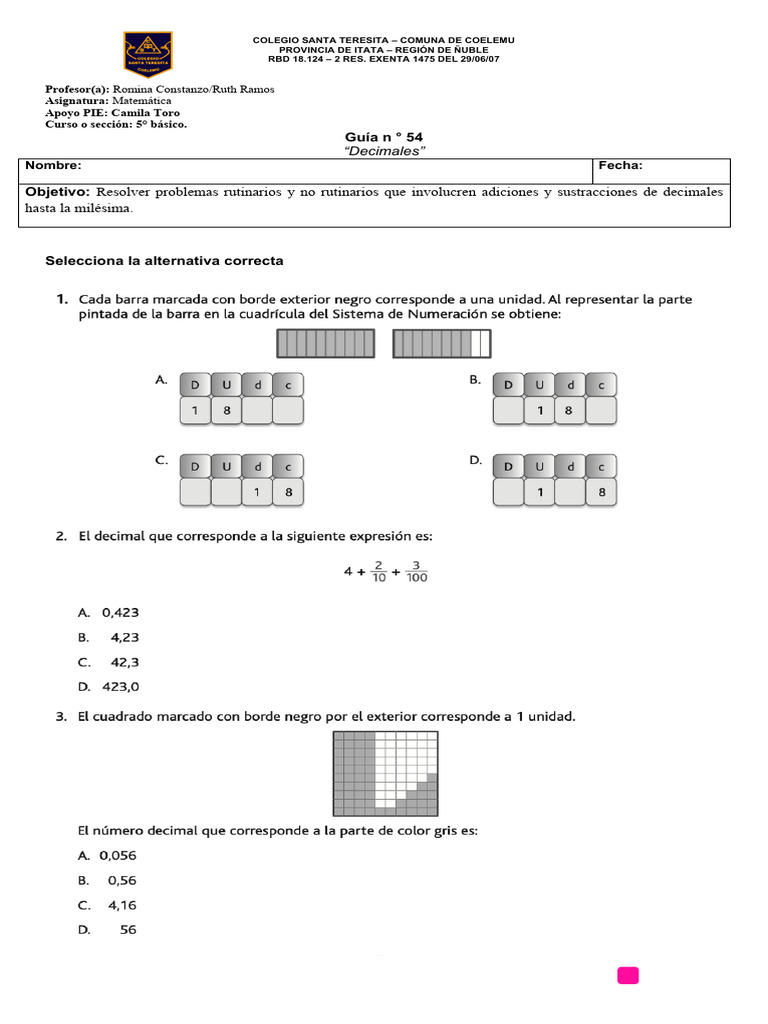 Decimales en 5° Básico: Guía 54 | PDF