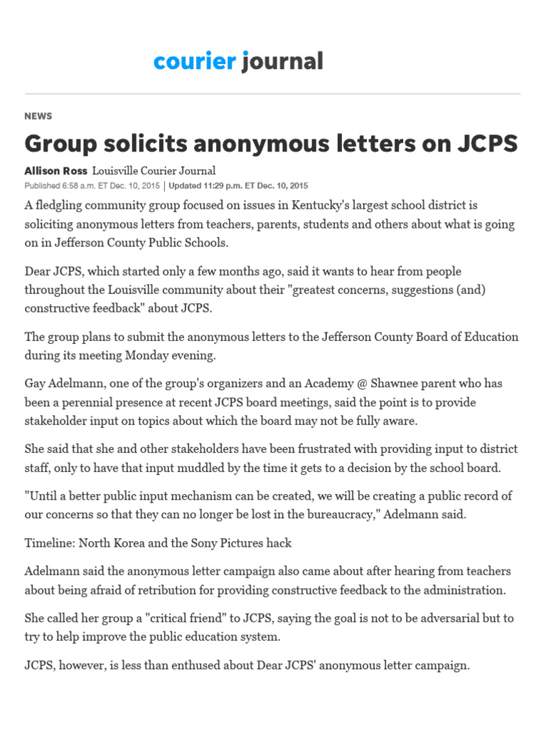 2015-09-10 Group Solicits Anonymous Letters On JCPS | PDF