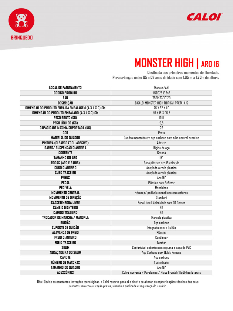 Bicicleta Monster High Aro 16 para Crianças | PDF