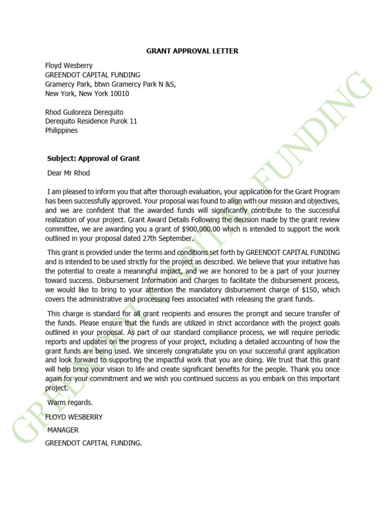Grant Approval Letter Rhod | PDF | Finance & Money Management