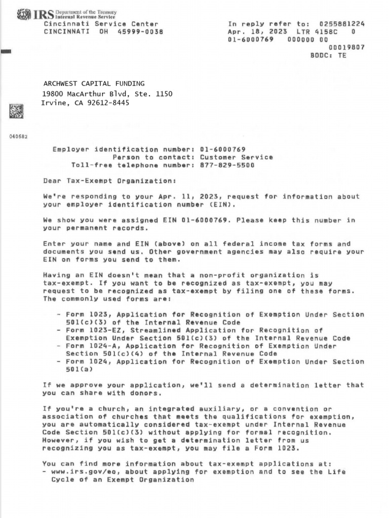 ARCHWEST IRS-EIN-Verification-Letter | PDF | Home & Garden
