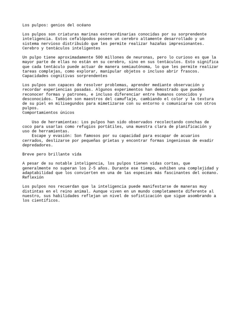 Pulpos: Inteligencia y habilidades únicas | PDF