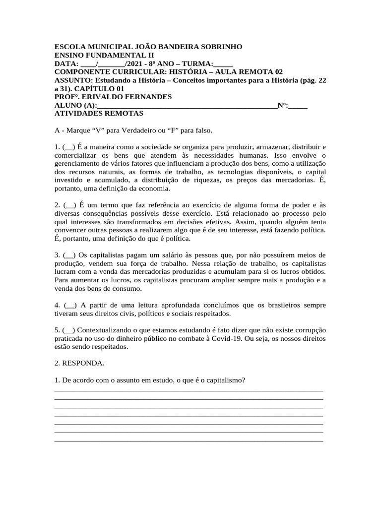 Ar 02 História 8º Ano Jbs Profº Eri 2021 Pdf Capitalismo Economia