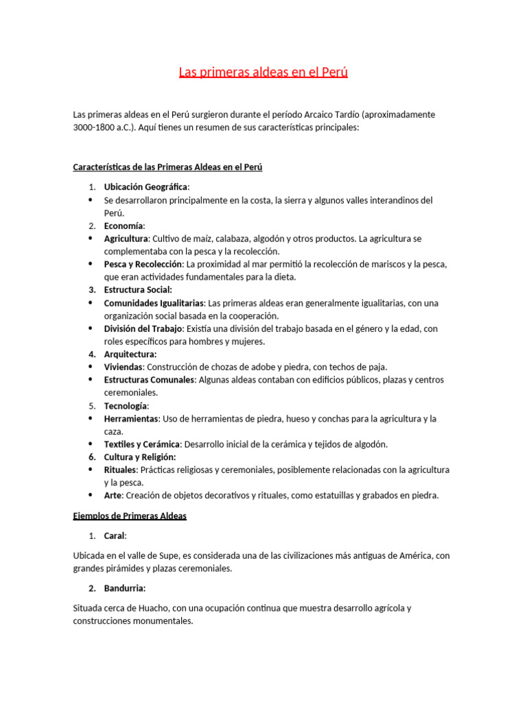 Primeras Aldeas del Perú: Características | PDF