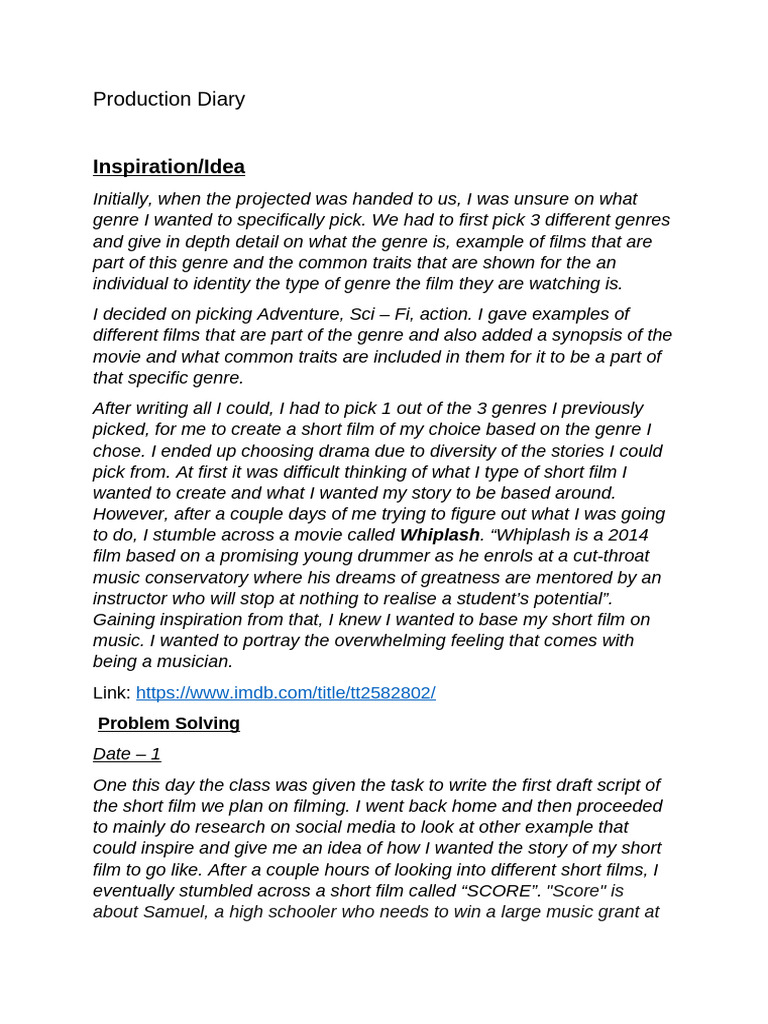 Production Diary | PDF