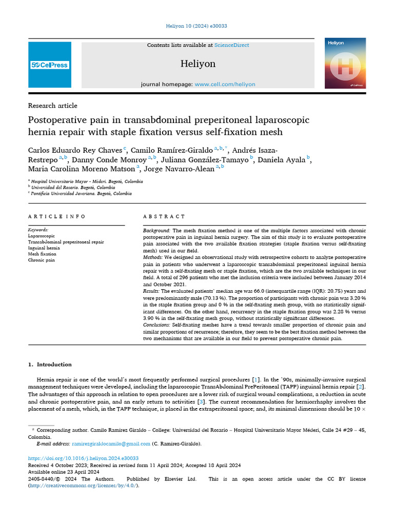 Postoperative Pain in Transabdominal Preperitoneal Laparoscopic Hernia Repair With Staple ...