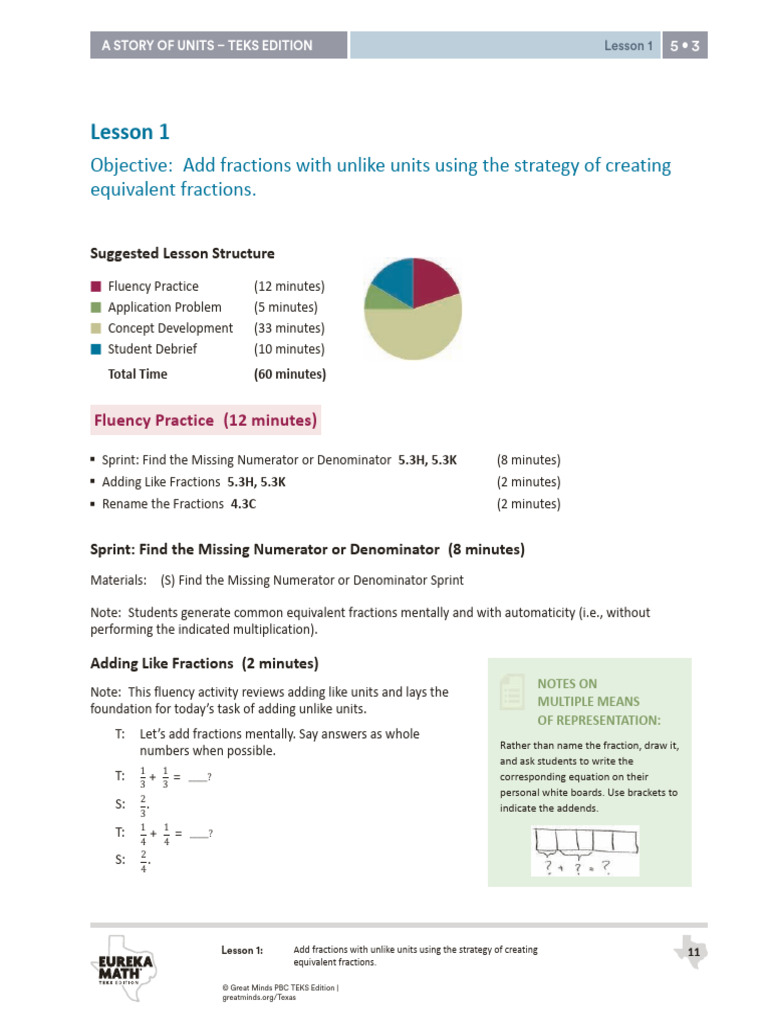 Lesson 1: Objective: Add Fractions With Unlike Units Using The Strategy ...