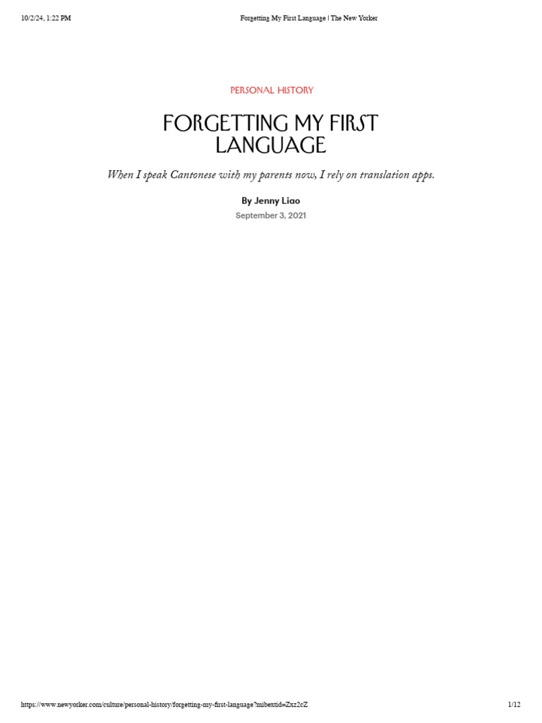 Liao 2021 - Forgetting My First Language - The New Yorker | PDF | Wellness