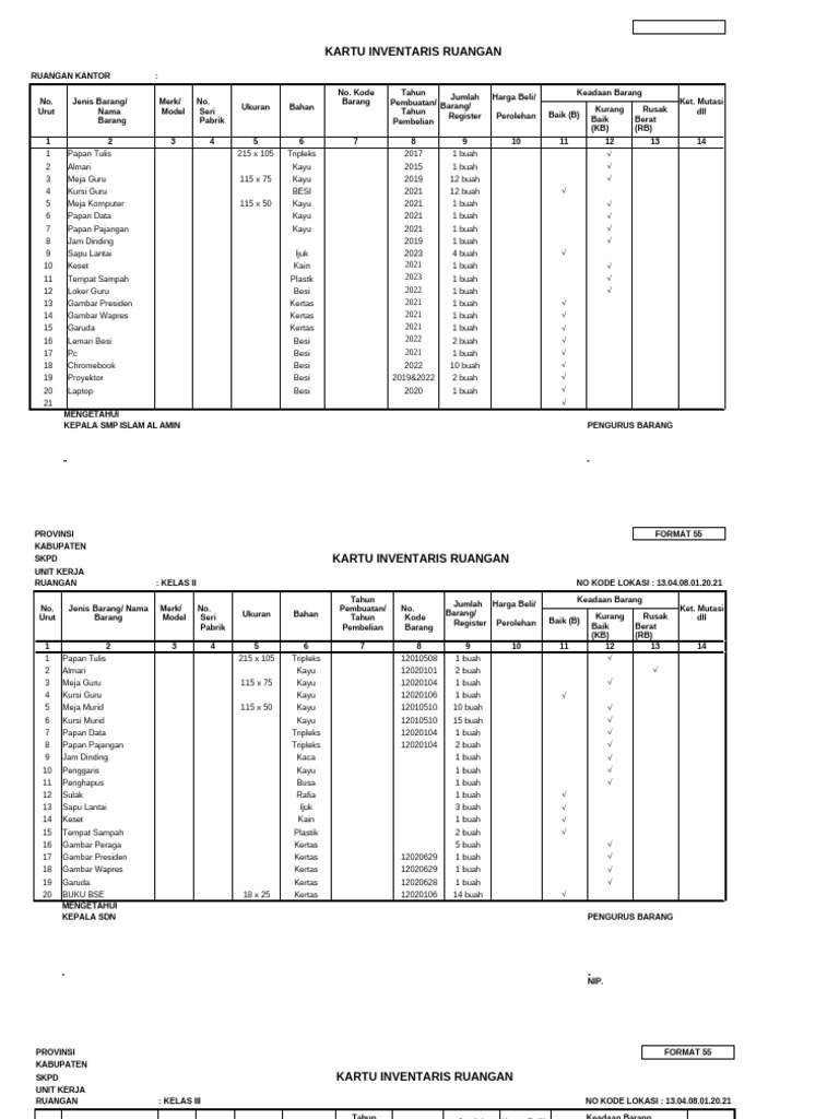 Kartu Inventaris Ruangan Kelas Ruangan Guru Kepala Sekolah Dan Aset ...