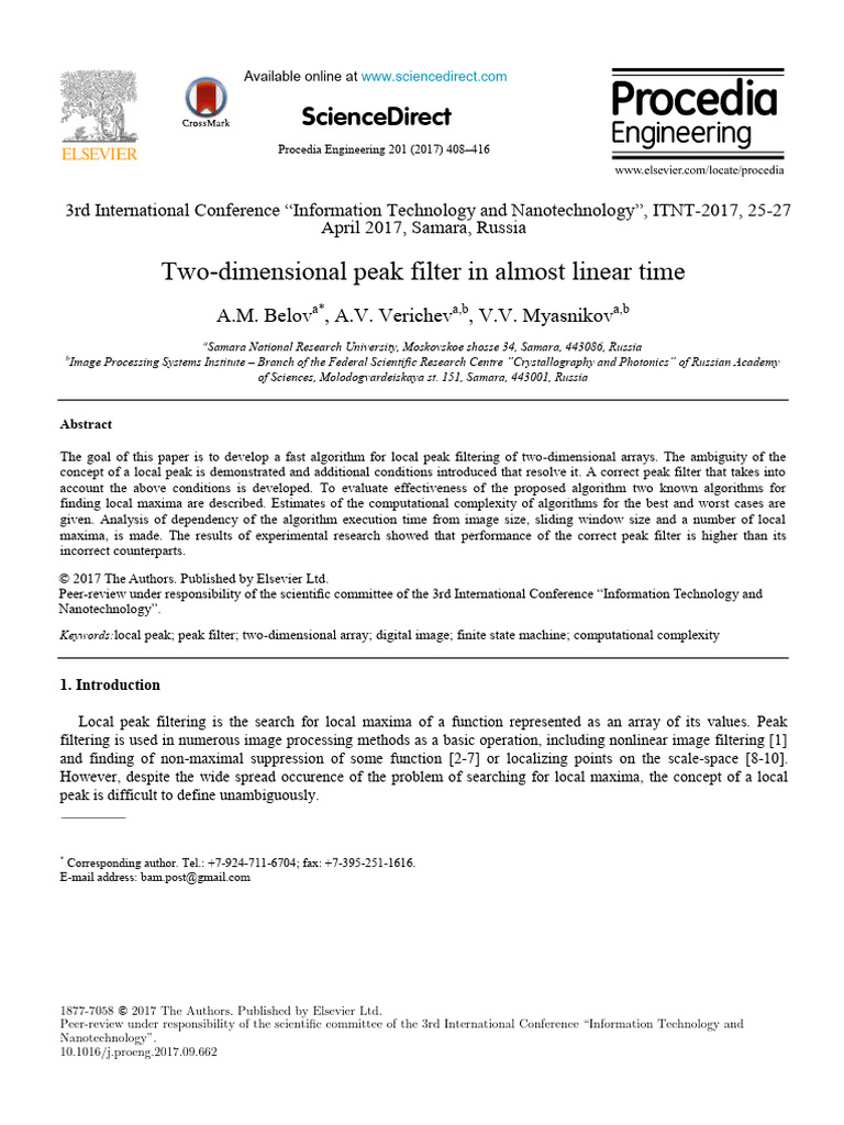 Two Dimensional Peak Filter in Almost Linear Time - 2017 - Procedia Engineering | PDF ...