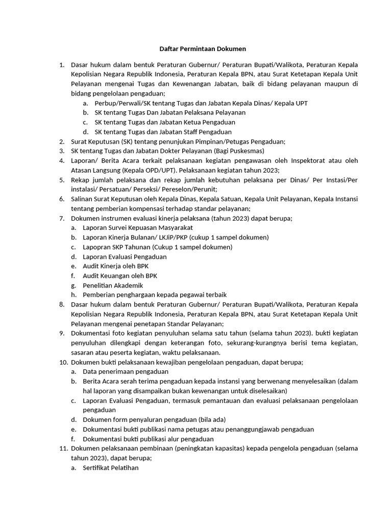 Daftar Permintaan Dokumen OMBUDSMAN | PDF