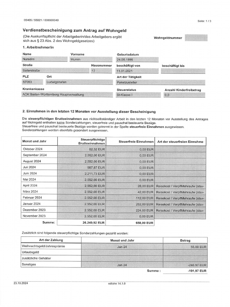 Verdienstbescheinigung Zum Antrag Auf Wohngeld (Die Aus | PDF